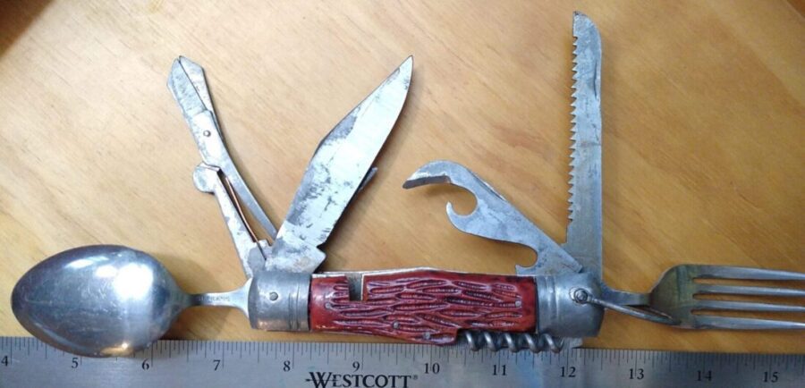 Vintage Stag Handle Camp/Hobo Knife Multi-tool Utensils with leather ...