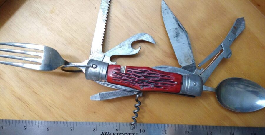 Vintage Stag Handle Camp/Hobo Knife Multi-tool Utensils with leather ...