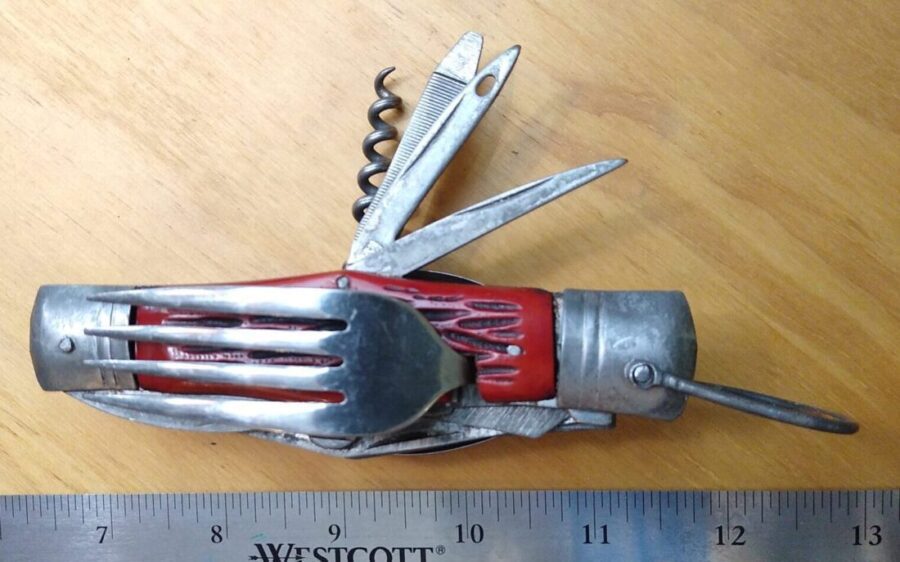 Vintage Stag Handle Camp/Hobo Knife Multi-tool Utensils with leather ...